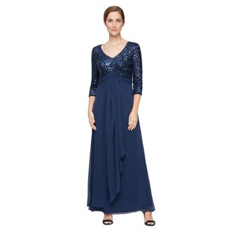 Alex Evenings Damen Langes Spitzenkleid mit Empire-Taille Kleid für besondere Anlässe, Marineblaue Pailletten, 46 Petite