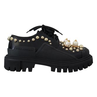 Dolce & Gabbana Chaussures derby de trekking en cuir noir orn&eacute; - Femme - Chaussures - Noir - Taille: 35 1/2 EU