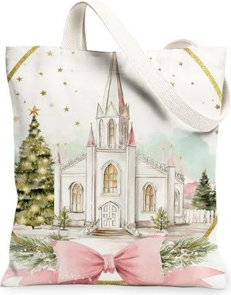 Generic Sacs fourre-tout en toile pour &eacute;glise de No&euml;l, vacances vintage, sacs d&eacute;picerie r&eacute;utilisables, festifs, l&eacute;gers et lavables, blanc, 13x15 Inch