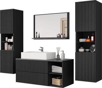 Mirjan24 Badmöbel Set Kormen Rillen III mit Waschbecken und Siphon, 6 offenen Fächern, 8 Einlegeböden 2 Schubladen, Oberplatte - Marmor-Optik, Badezimmer Kompl
