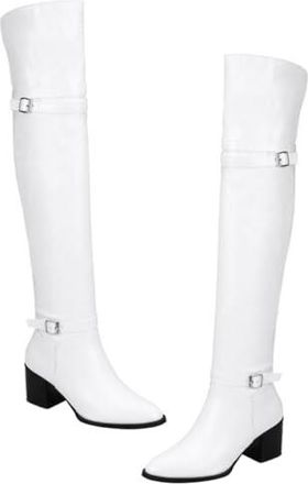 BESPORTBLE BESTYASH Bottes Femme &agrave; Talons &Eacute;pais Bottes Hautes au-Dessus du Genou en PU Blanc Taille 36 Semelle Antid&eacute;rapante en Caoutchouc et dHiver Protection l