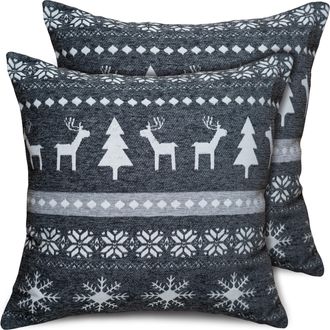 Matches 21 Kissenbezug 45x45 cm Weihnachten Elche & Muster in grau - 2er Set Kissenh&uuml;llen als Weihnachtsdeko