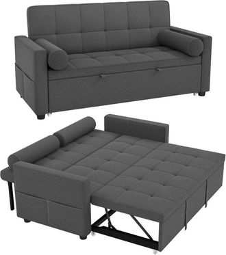 HOMCOM Canap&eacute; convertible 2 places - HOMCOM - 3 en 1 - lit gigogne double et dossier r&eacute;glable - tissu aspect lin - 80,5x137,5x84cm - gris