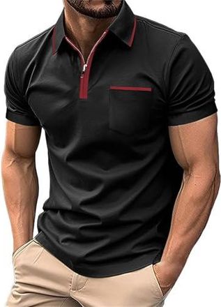 Generic Polo coupe classique pour homme - T-shirt &agrave; manches courtes - Col zipp&eacute; - Polo de golf avec poche - T-shirt daffaires respirant - T-shirt d&eacute;t&eacute; d&eacute;contr