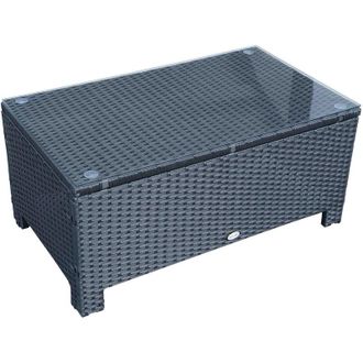 OUTSUNNY Table basse de jardin plateau verre tremp&eacute; 5 mm rotin tress&eacute; 85 x 50 x 39cm Max. 50 kg noir