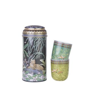 Images d'Orient Geschenkset 2 in 1 Metalldosen mit 2 x 90ml Porcalain Espressotassen Espressobecher Moccatassen Jangala orientalisch gemustert grün/bunt