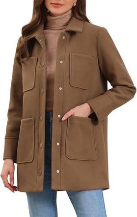 Allegra K Manteau Court de Travail pour Femme Col Rabattu Caban Simple Boutonnage Trench-Coat à Manches Longues Manteau DHiver avec Poches Marron XL