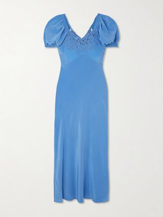 Rixo Ilaria Midikleid Aus Seide Mit Spitzenbesatz - Blau