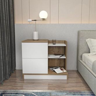 Hanah Home Scandinavian Nightstand, White & Walnut, 72 x 45 x 60 cm | 100% Melamine Coated Particle Board, 18 mm Thick | Stylish & Functional Storage Solution