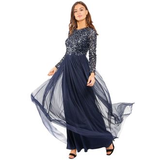 Maya Damen Womens Ladies Maxi Dresses for Wedding Guest Long Sleeve Crew Neck Empire Waist Big and Tall Navy Brautjungfernkleid, 10