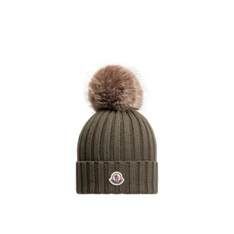 Moncler Moncler Wool Beanie With Pom Pom, Women, Green, Size: One Size