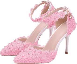 Minetom Damen Braut Hochzeit Abend Party Schuhe Frauen Spitzen Blume Stiletto High Heel Pumps Elegante Kleid Brautschuhe B Rosa 43 EU