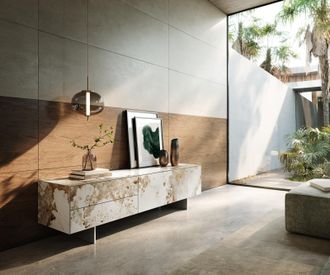 DELIFE Lowboard Cuor 180 cm Keramik Minas Melange Wei&szlig;-Beige 1 Klappe 2 Schubf&auml;cher Fu&szlig; Schwebeoptik Edelstahl, Lowboards