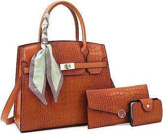 Generic Sac à bandoulière pour femme avec poignée sur le dessus, motif crocodile, sac à main en cuir, sacoche fourre-tout avec pochette 3 pièces, marron, Larg