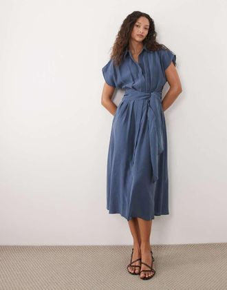 Mango Robe chemise mi-longue nou&eacute;e &agrave; la taille - Bleu cendr&eacute;