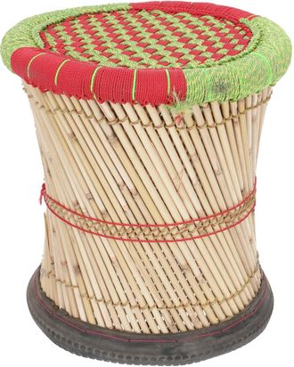 Guru Shop Gro&szlig;er Indischer Upcycling Korbhocker, Bambushocker, Sitzpuff, Korb Aufbewahrung - Gr&uuml;n/rot, 40x40x40 cm