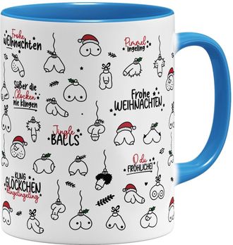 OM3 Lustige Jingle Balls Weihnachts Kaffee-Tasse mit Penisse - Pimmel Tasse Penis-Muster Doodle - Keramik Becher - 325ml - Beidseitig Bedruckt - Hellblau