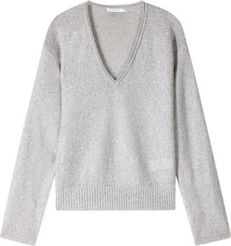 Patrizia Pepe Femme, Pulls, Gris, Taille: 42 FR Pull &agrave; Col en V avec Sequins