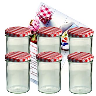 MamboCat 6er Set Sturzglas 435 ml Marmeladenglas Einmachglas Einweckglas to 82 rot Karierter Deckel incl. Diamant-Zucker Gelierzauber Rezeptheft
