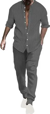 Generic Costume pour homme - Chemise rayée avec col Hengli - Tendance et décontracté - En coton et lin, gris, XXL