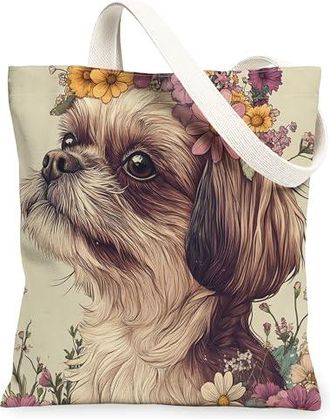 Generic Spring Shih Tzu Sac fourre-tout en toile pour faire du shopping 33 x 38,1 cm, sac d&eacute;picerie r&eacute;utilisable pour femme, motif de voyage pour animal domes
