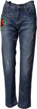 Dolce & Gabbana Femme, Jeans, Bleu, Taille: 36 FR Jean Boyfriend en Denim avec Broderies Florales