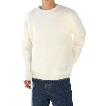Generic Pull épais à col rond pour homme - Couleur unie - Pull ample en tricot doux, blanc, L