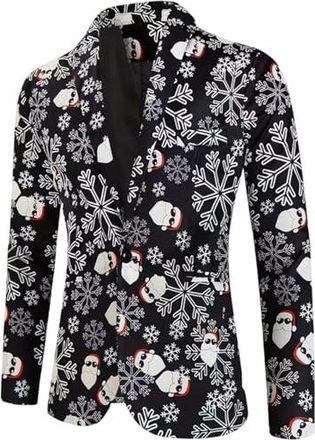 Generic Blazer festif de Noël pour homme, imprimé en 3D, motif Père Noël, bonhomme de neige, arbre de neige, noir, veste de fête de Noël formelle pour rassemb