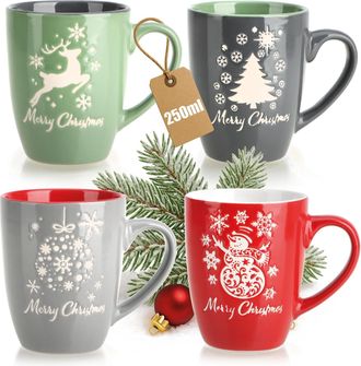 Com-Four 4x Kaffeebecher aus Keramik - Kaffee-Tasse in modernem weihnachtlichem Design - Kaffeepott für Kalt- und Heißgetränke - bunte Henkeltassen 250 ml (rot