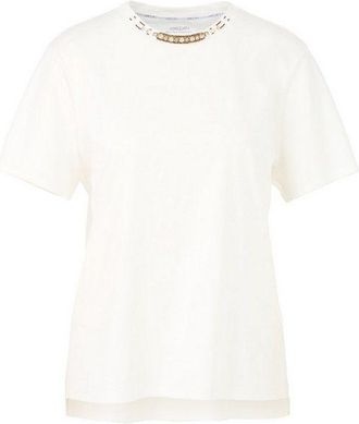 Marc Cain T-Shirt Feminine Rigour Premium Damenmode elegant, mit Stickerei, Rundhals mit Strassstein- sowie Perlendetails