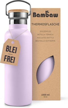 Bambaw Thermosflasche 1l, Trinkflasche Lila, Edelstahl Trinkflasche 1l, Doppelwandige Flasche, Thermos Trinkflasche 1l - Fliederlila