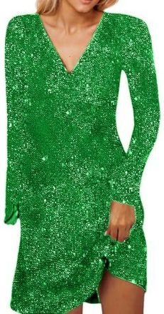 Generico Robes en velours pour femme pour le r&eacute;veillon du Nouvel An Robe brillante &agrave; paillettes &agrave; manches longues au genou Col en V &Eacute;l&eacute;gante douce et festive, 