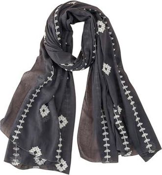 Generic Écharpe longue en lin brodée et fine pour femme 2026, gris foncé, Taille unique