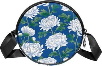 Generic Sac &agrave; bandouli&egrave;re rond pour femme, motif fleurs dhibiscus blanches, petit sac &agrave; bandouli&egrave;re avec fermeture &eacute;clair, bretelles r&eacute;glables, sac &agrave; main ron