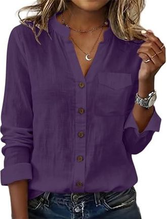 Generic Chemise boutonn&eacute;e en lin pour femme, col mandarin, manches longues, tunique d&eacute;contract&eacute;e avec poche de poitrine, hauts d&eacute;contract&eacute;s, violet, XXL