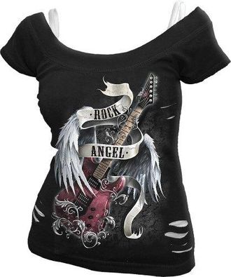 Spiral Direct Rock Angel-2in1 Ripped Top Shirt, Noir (Black & White 008), 44 (Taille Fabricant: Large) Femme