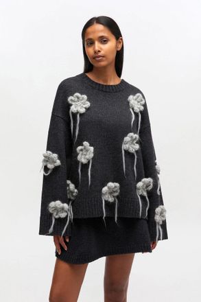 Ganni Pull en crochet à fleurs gris foncé Multicolore