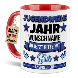Tassendruck Tasse zur Jugendweihe mit Namen und Jahr selbst gestalten - Ab jetzt Bitte mit Sie ansprechen, blau - Personalisiertes Geschenk - Keramiktasse, 300 ml
