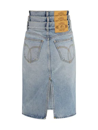 Fiorucci Womens Midi Denim Skirt With Triple Layer Light Blue Cotton