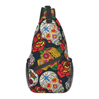 AOOEDM Anti-Diebstahl-Schultertasche, für Rosenblumen, Tag der Toten, Zuckerschädel, Schulter-Crossbody-Rucksack, wasserdichte Brusttasche, Leichter, lässige