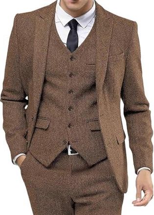 Generic Costume croisé Homme en Tweed à Chevrons, Costume de soirée, de Mariage ou Bal, Smoking 3 pièces, Ensemble à Revers Pointus, Marron, Taille Moyenne