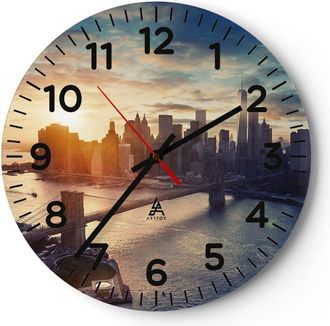 Arttor Modern Wanduhr New York Stadt 30x30cm Rund Klein Wand Uhr Glas Analog Zimmeruhren Küche Büro Wohnzimmer Glasuhr Wall Clock Dekoration Design Wanddekor