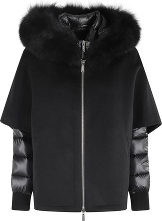Moorer Femme, Vestes, Noir, Taille: 38 FR Cape noire en laine avec capuche en renard