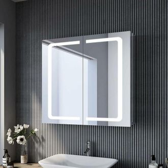 Sonni Edelstahl LED Spiegelschrank mit Beleuchtung 70x65cm,Kippschalter+Steckdose,Drahtloses Scharnier Design