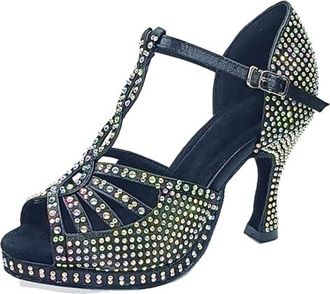 Minitoo Chaussures de danse latine pour femme avec strass - Pour mariage, X521 Noir Talon 9 cm, 41 EU