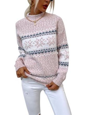 Generic Pull de No&euml;l &agrave; manches longues et col rond pour femme Motif flocon de neige, rose, S