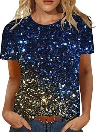 Generic T Shirt Femmes Manche Courte à Col V Brillant Métallisé Glitter Grande Taille Confortables de Base Paillettes Haut des Années 70 Brillante Sequins Sty