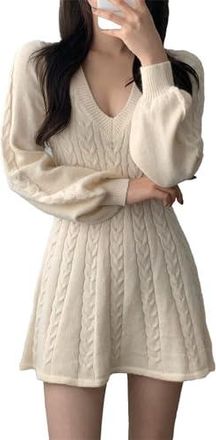 Generic Robe dautomne d&eacute;contract&eacute;e &agrave; manches longues et col en V pour femme, en tricot torsad&eacute;, &agrave; manches longues, pour un usage quotidien, blanc, L