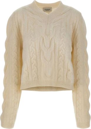 Laneus Pull &agrave; col en V en maille torsad&eacute;e - Femme - Pulls - Blanc - Taille: 42 FR