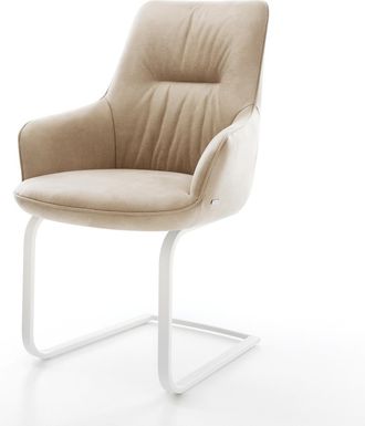 DELIFE Freischwinger Zelia-Flex mit Armlehnen Mikrofaser Beige Vintage Freischwinger flach Wei&szlig; Taschenfederkern, Esszimmerst&uuml;hle